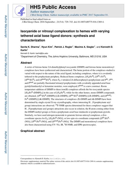 Pdf Isocyanide Or Nitrosyl Complexation To Hemes With Varying Tethered Axial Base Ligand