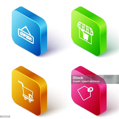열린 문 시장 상점 장바구니 쇼핑 커서 및 라벨 템플릿 가격표 아이콘으로 아이소메트릭 라인 교수형 기호를 설정합니다 벡터 3차원 형태에 대한 스톡 벡터 아트 및 기타 이미지