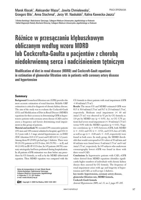 Pdf Modification Of Diet In Renal Disease Mdrd And Cockcroft Gault Equations In Estimation