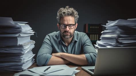 Premium AI Image | Man looking overwhelmed and stressed while sitting at a desk piled high with ...