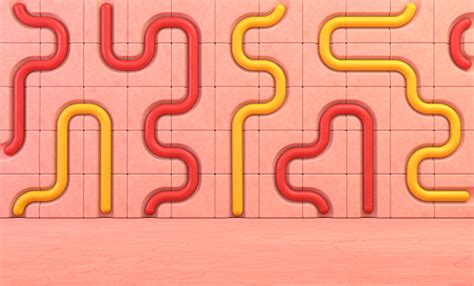 벽에 타일 블록과 파이프 구멍이있는 빈 분홍색 방 제품 및 오타그래프를 위해 흐르는 다채로운 모양 3d 렌더링 개체 그룹에 대한 스톡 사진 및 기타 이미지 Istock