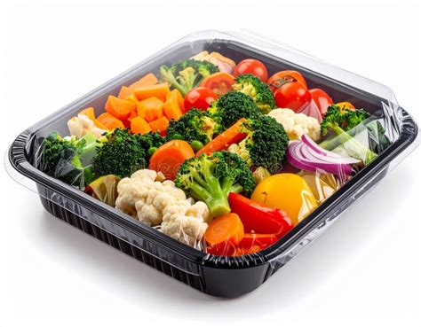 Assorted Roasted Vegetables In Black Plastic Container Stock