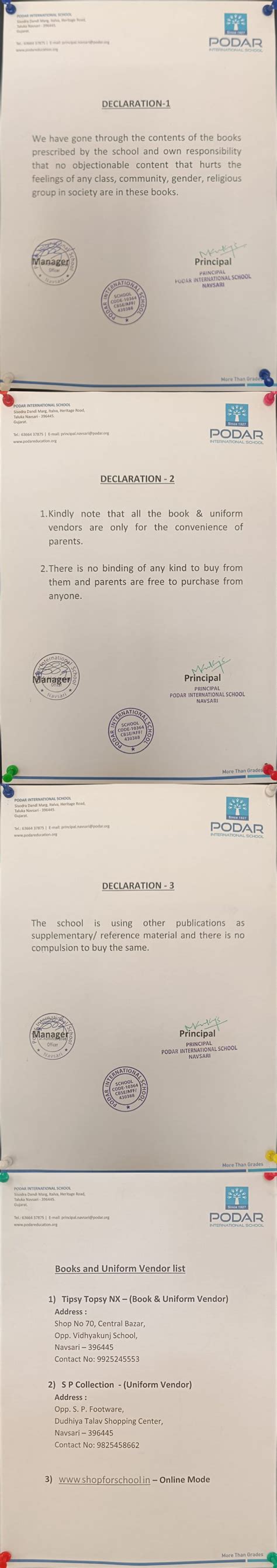 Cbse Declaration Letter And Book List Podar International School Navsari