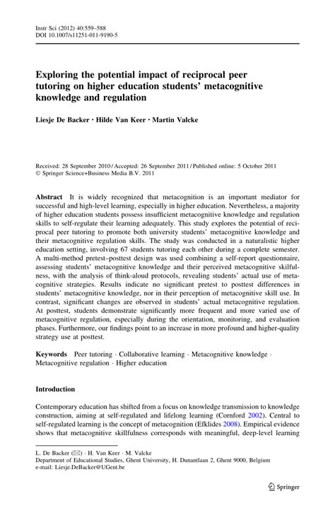Pdf Exploring The Potential Impact Of Reciprocal Peer Tutoring On