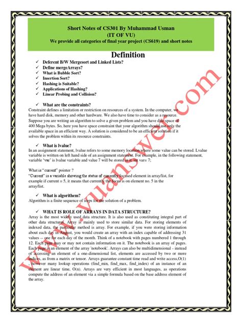 cs301 imp short notes pdf array data structure pointer computer