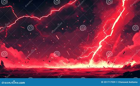 Red Lightning Storm With Falling Debris And Dramatic Sky Stock