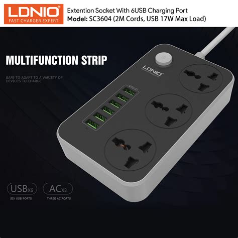 Km Lighting Product Ldnio Extension Socket 17w 6usb A 2m Cords Sc3604