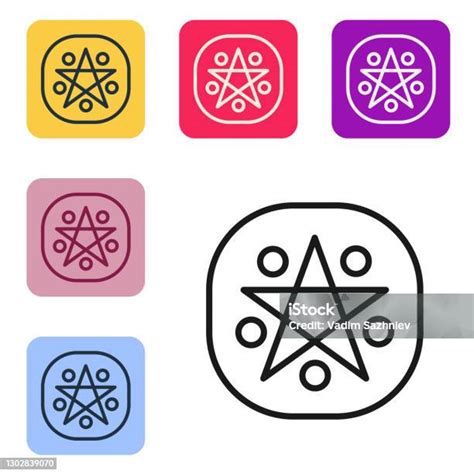 흰색 배경에 격리 된 원 아이콘의 검은 줄 펜타그램 마법의 신비별 기호 색상 정사각형 단추로 아이콘을 설정합니다 벡터 0명에 대한 스톡 벡터 아트 및 기타 이미지 Istock