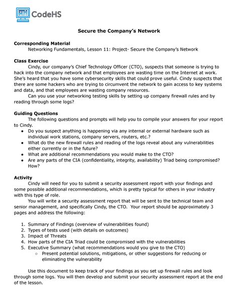 Cybersecurity Networking Fundamentals 11 Project Secure The Companys Network Secure The
