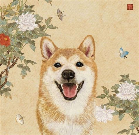 Рисунок собаки с цветами и бабочками