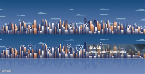 Poi가 있는 도시 실루엣 풍경입니다 추상 가로 배너 배경 도시 풍경 벽지 파노라마 스타일 웹용 헤더 이미지입니다 상업 지구의 도시 건물 벡터 일러스트 레이 션 기하학적 0