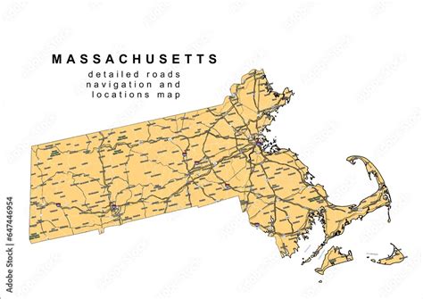 Massachusetts Usa Detailed Roads Navigation And Locations Map Stock Illustration Adobe Stock