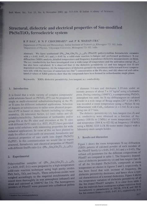 Pdf Structural Dielectric And Electrical Properties Of Sm Modified Pbsntio 3 Ferroelectric