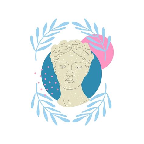 골동품 대리석 동상 추상 현대 포스터 또는 인쇄 그리스어 또는 로마 조각 여자 머리 기하학적 식물 요소 벡터 만화 평면 스타일