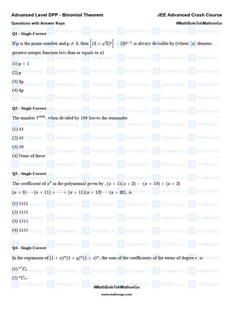 Advanced Level DPP Binomial Theorem Question Mathongo | PDF | Mathematical Analysis | Discrete ...