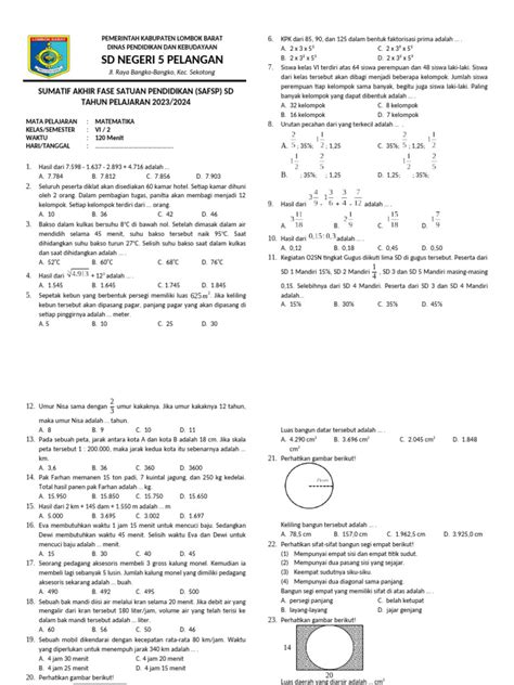 Naskah Soal Usp Sd Lobar 2021 Matematika Paket 1 Pdf