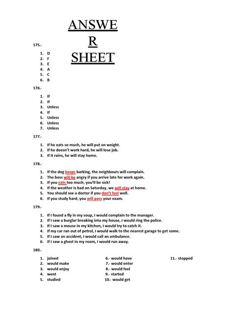 Answer Sheet Lesson 2 Unreal Conditional Pdf