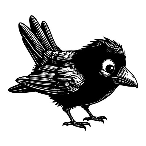Cute Chibi Crow Cartoon Character Standing With Detailed Engraving