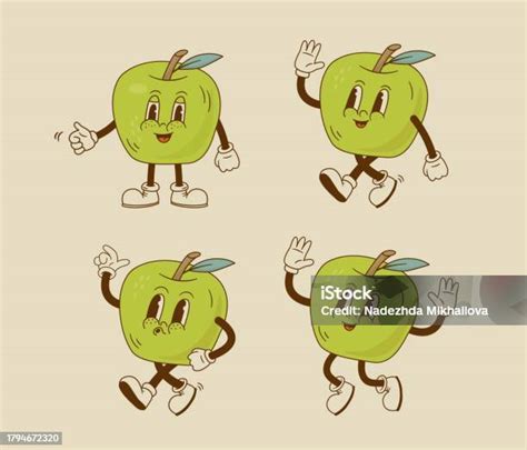 다양한 포즈와 감정을 가진 복고풍 만화 사과 캐릭터 세트 1970 1979 년에 대한 스톡 벡터 아트 및 기타 이미지 1970 1979 년 1980 1989 년 개체