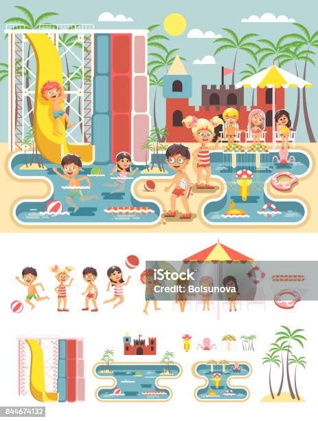 큰 벡터 설정 격리 된 만화 캐릭터 어린이 남자와 여자 수영복 쉬고 수영 트렁크 비치웨어 공 재생 태양 우산 평면 스타일 흰색 배경 아쿠아 워터 파크 풍경 6 7 살에 대한