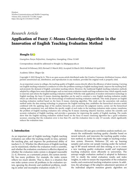 Pdf Application Of Fuzzy K Means Clustering Algorithm In The Innovation Of English Teaching