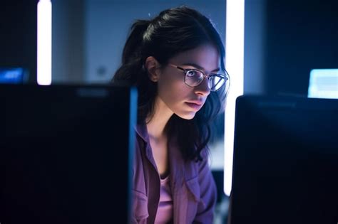 Concentrating Serious And Night With Woman And Computer For Software Engineering Developer