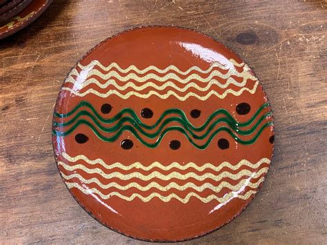 Redware Yellow And Green Squiggles And Black Dots 10”8 Grandmas