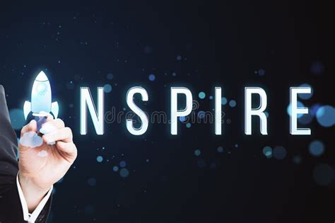 Close Up Of Businessman Hand Pointing At Creative Text With Space Ship Replacing Letter On