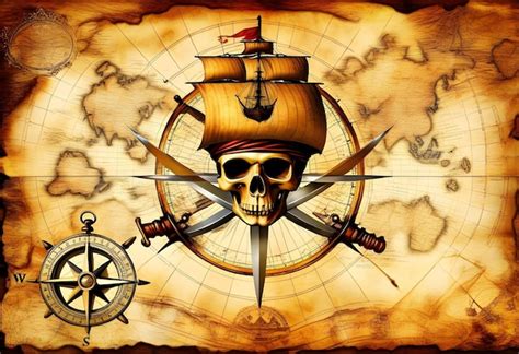 Premium Photo Pirate Skull And Saber And An Old Compass Ancient Map