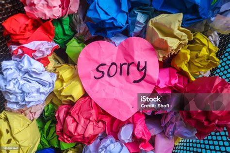 구겨진 종이로 가득 찬 쓰레기통에 하트 모양의 분홍색 포스트잇에 적힌 미안하다는 단어 메모로 사과하는 개념 개념에 대한 스톡 사진 및 기타 이미지 Istock