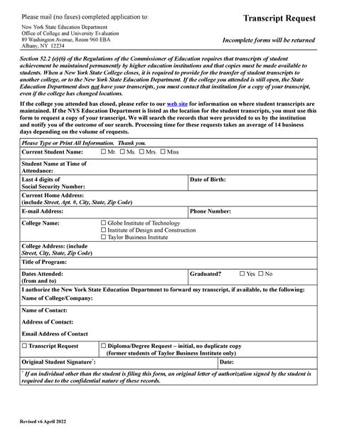 Transcript Request Form Please Mail No Faxes Completed Application