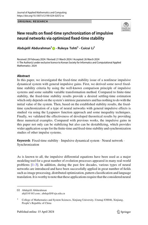 Pdf New Results On Fixed Time Synchronization Of Impulsive Neural