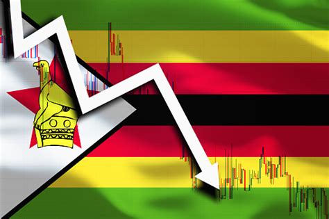 흰색 화살표와 주식 차트는 짐바브웨의 물결 치는 국기의 배경에 떨어지는 짐바브웨에 대한 스톡 사진 및 기타 이미지 짐바브웨 데이터 주식 시장 데이터 Istock