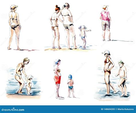 People On The Beach Watercolor Hand Drawn Illustration Sketches