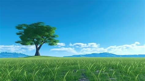 선명한 렌더링된 3d 아래 무성한 그림자를 드리우는 녹색 들판 푸른 하늘 외로운 나무 배경 Png  무료 다운로드 Pikbest