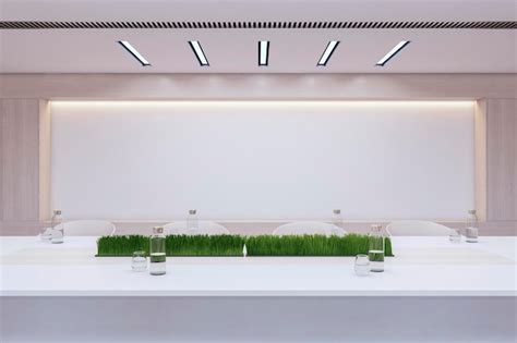 벽 가구 장비 및 기타 항목 작업 공간 및 상업 공간 개념 3d 렌더링에 추상 잔디 장식 빈 모의 장소와 현대적인 조명