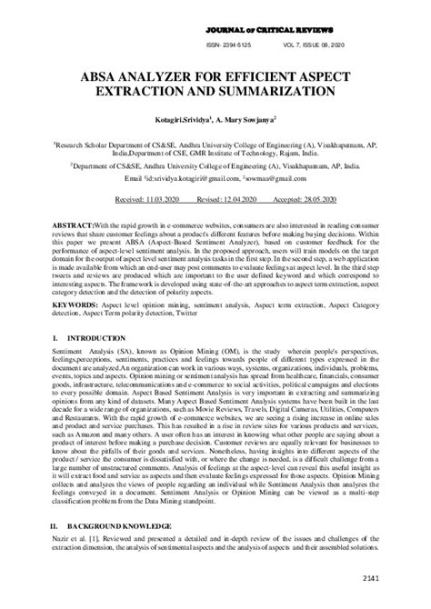 Pdf Absa Analyzer For Efficient Aspect Extraction And Summarization