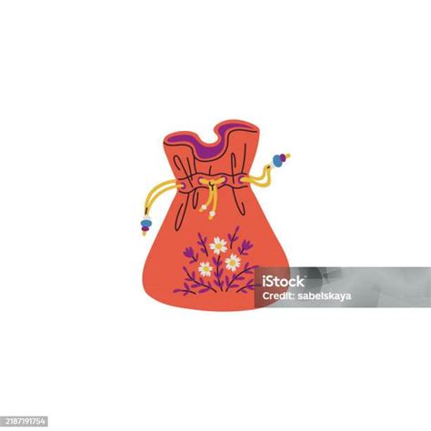 벡터 일러스트 레이 션 꽃과 나뭇잎의 장식과 함께 빨간 천으로 만든 행복 가방 Baozi에 대한 스톡 벡터 아트 및 기타 이미지 Baozi New Years Lucky