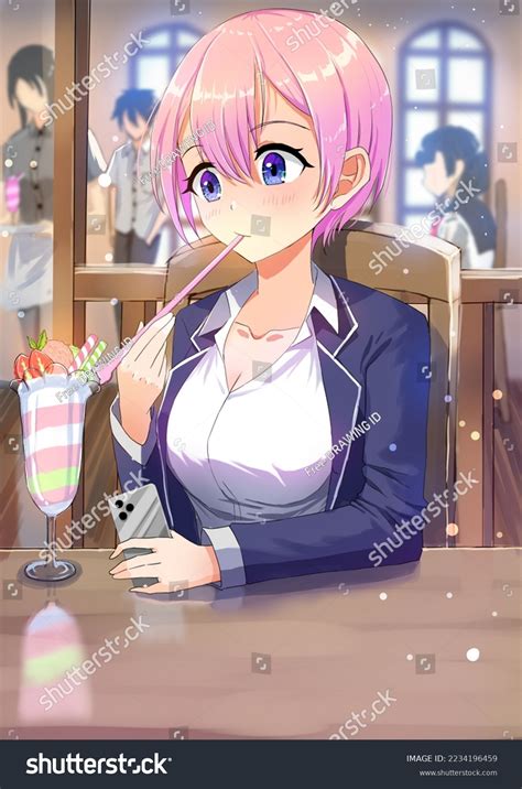 Illustration Pinkhaired Blueeyed Anime Girl Eating Stock Illustration