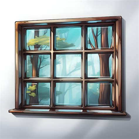 Illustration Of A Wooden Window With A View Of The Forest Premium Ai