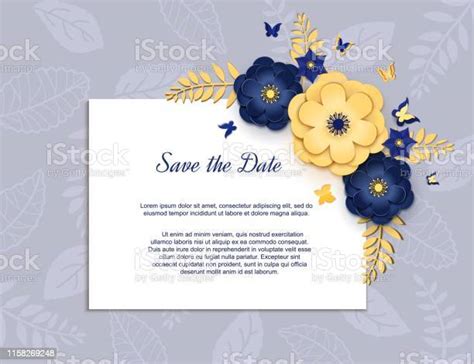 시트에 꽃 구성 종이 컷 디자인 파란색과 금색 색상의 종이 판타지 꽃 장식과 아름다운 배경 템플릿 인사말 전단지 날짜 카드를 저장합니다 벡터 일러스트레이션 3차원 형태에