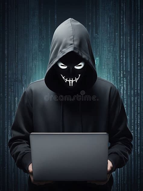 Hacker Wearing The Anonymous Mask And Hoodie On Dark Binary Code Background Stock Illustration