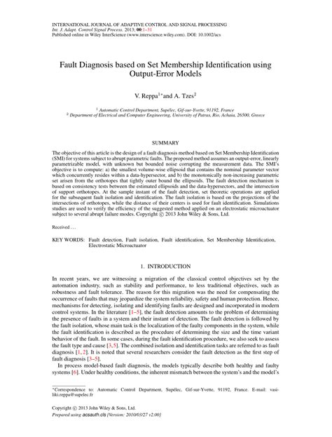 Pdf Fault Diagnosis Based On Set Membership Identification Using Output Error Models