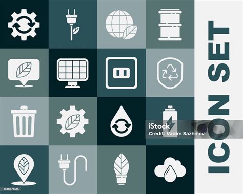 비 배터리 방패 내부의 재활용 기호 지구 지구 와 잎 태양 에너지 패널 위치 기어 화살표를 워크플로우 및 전기 콘센트 아이콘으로 설정합니다 벡터 0명에 대한 스톡 벡터 아트