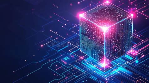 In A Futuristic Dark Cyberspace A Neon Lit Block Of Digital Data Forms A Glowing Cube