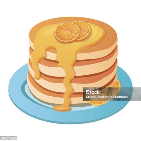 초콜릿 시럽과 오렌지를 곁들인 팬케이크 벡터 그림 만화입니다 미국식 전통 아침 식사 개체 그룹에 대한 스톡 벡터 아트 및 기타 이미지 개체 그룹 거품 내기 건강하지