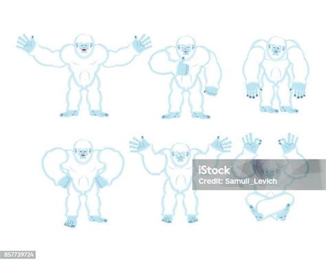 설 인 포즈와 모션을 설정합니다 빅 풋 행복 그리고 요가입니다 히말라야 설 인 자 및 화가 유죄와 슬픈 괴물입니다 벡터 일러스트 레이 션 Bigfoot에 대한 스톡 벡터