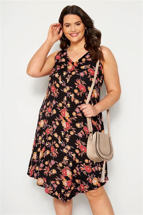 Black Sleeveless Floral Swing Dress Plus Sizes 16 To 36 Yours Clothing