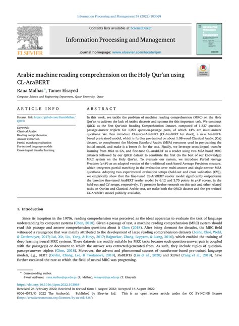 Pdf Arabic Machine Reading Comprehension On The Holy Quran Using Cl