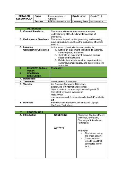 Detailed Lesson Plan Format Detailed Lesson Plan Name Feona Akeisha K